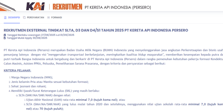 Rekrutmen KAI 2025 Dibuka: Syarat, Jadwal, Formasi, dan Cara Daftar Online