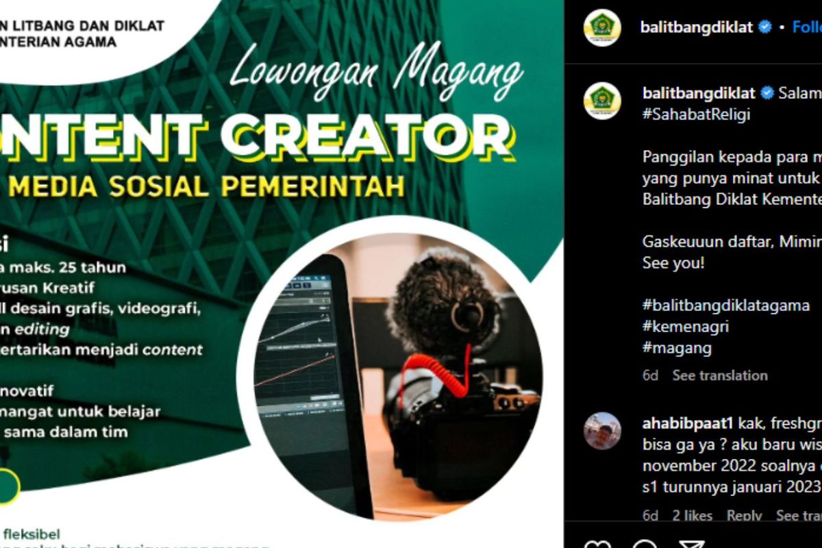 Kemenag Buka Magang Content Creator, Dapat Uang Saku, dan Mahasiswa Semua Jurusan Bisa Daftar