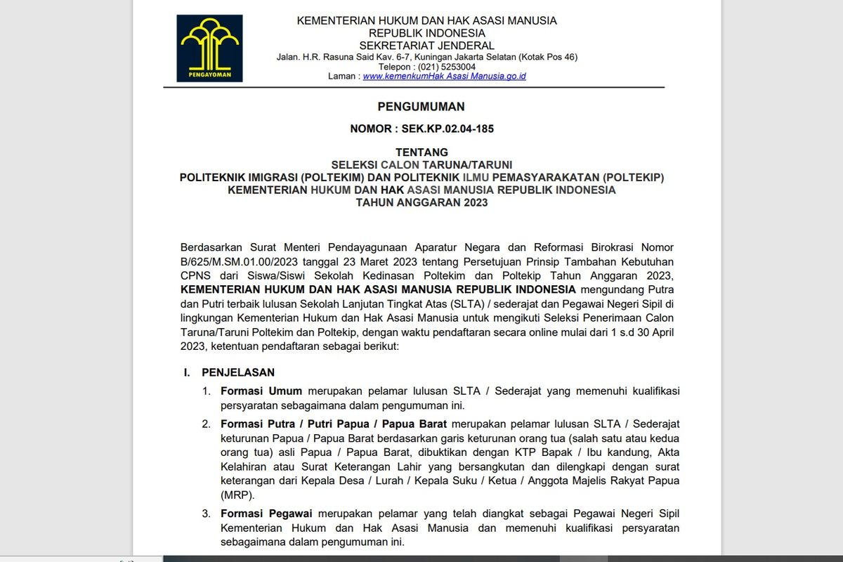 Pendaftaran Poltekip dan Poltekim Kemenkumham 2023: Jadwal, Persyaratan ...