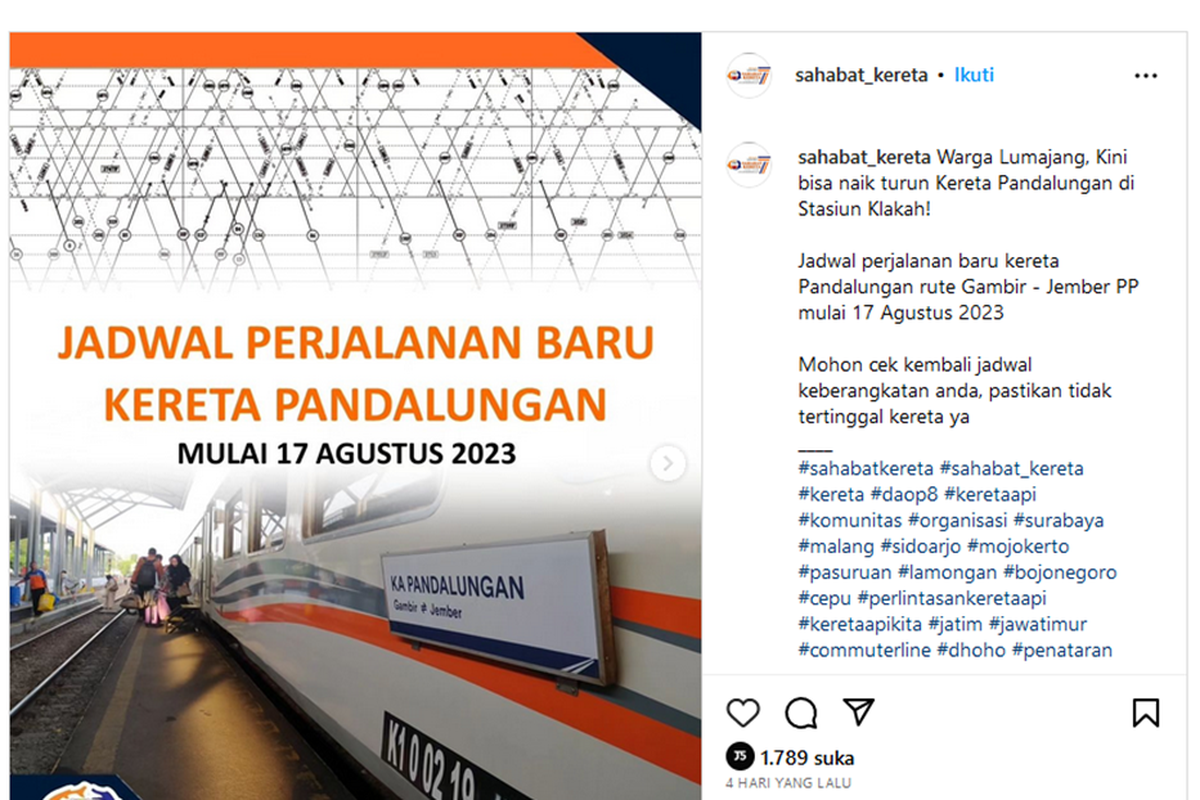 Jadwal Perjalanan Baru KA Pandalungan Mulai 17 Agustus 2023