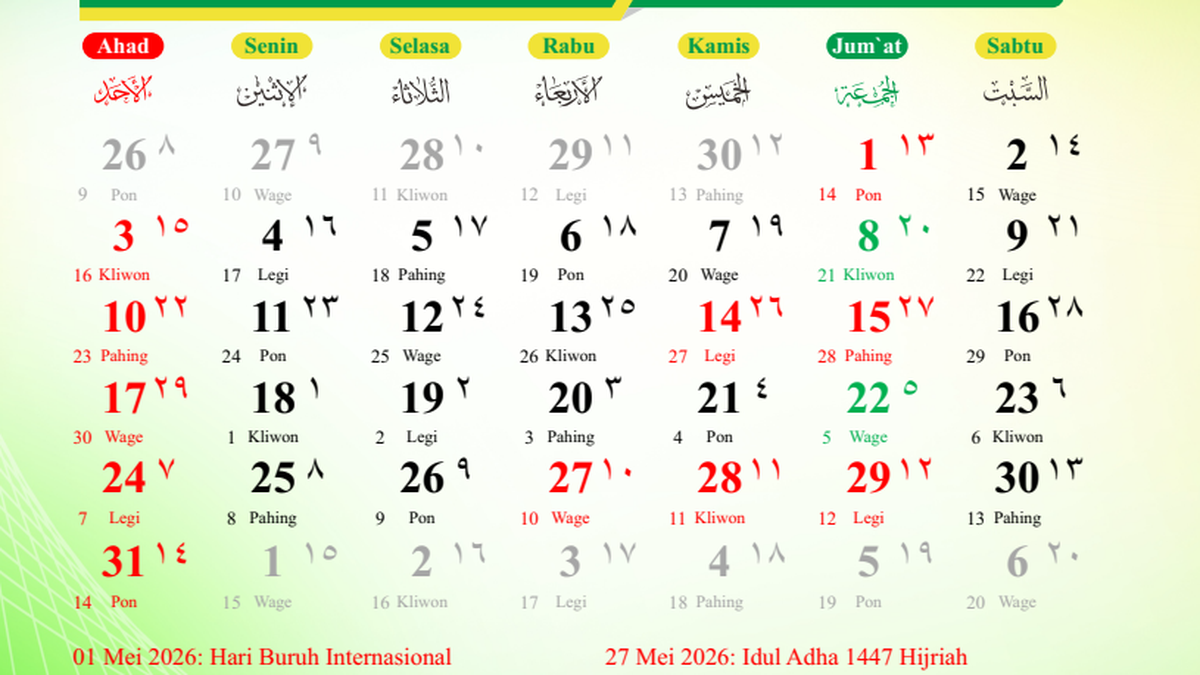 Kalender Mei 2026: Jadwal 6 Hari Libur dan 3 Long Weekend Lengkap