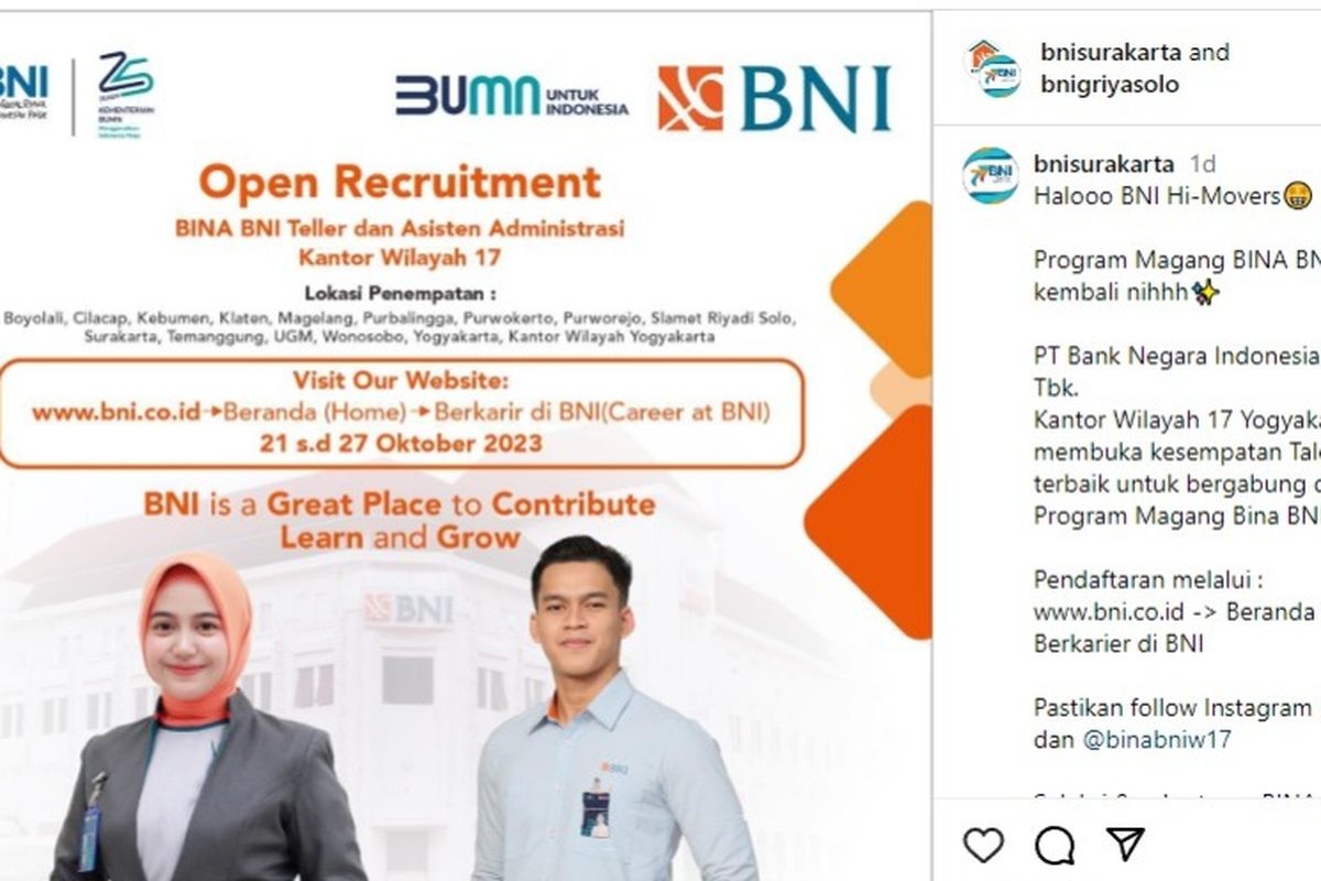 BNI Buka Pendaftaran untuk Program Magang BINA BNI 21-27 Oktober 2023, Ini Syarat dan Cara ...