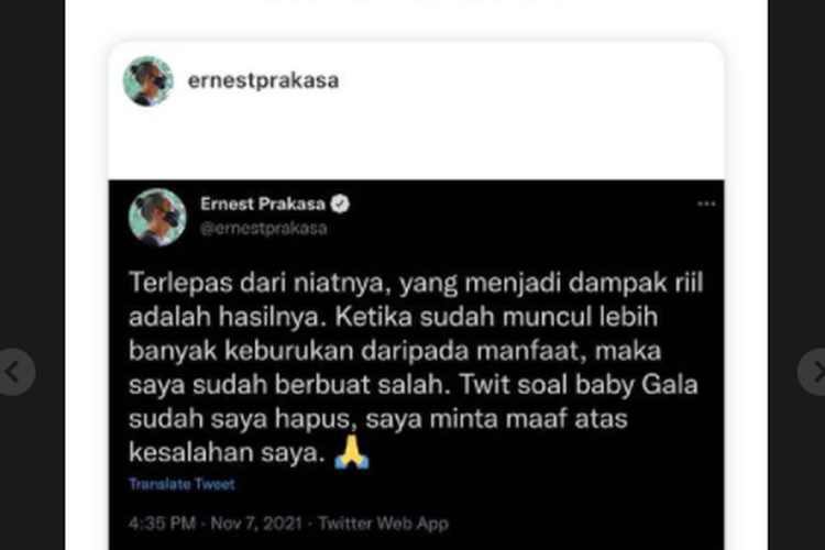 Komentar Tom Liwafa Usai Ernest Prakasa Minta Maaf