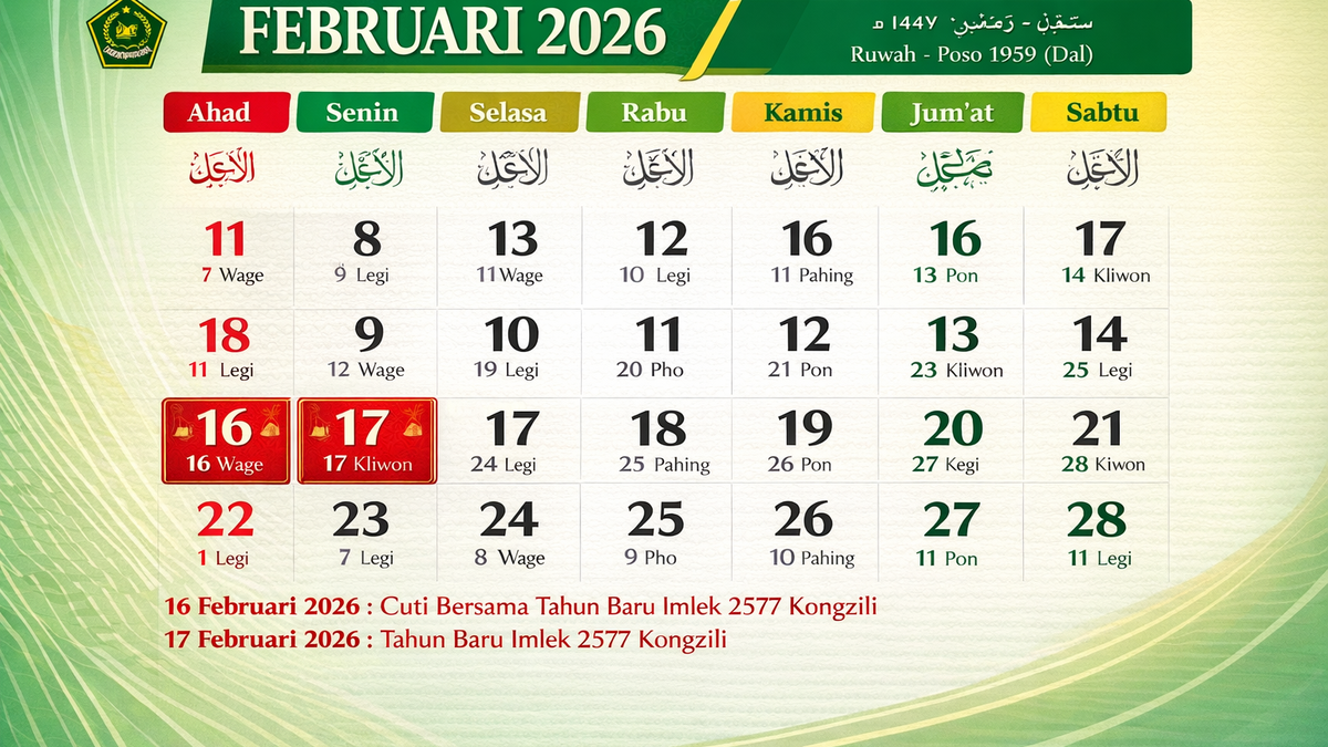 Kalender Februari 2026 Lengkap dengan Tanggal Merah dan Cuti Bersama