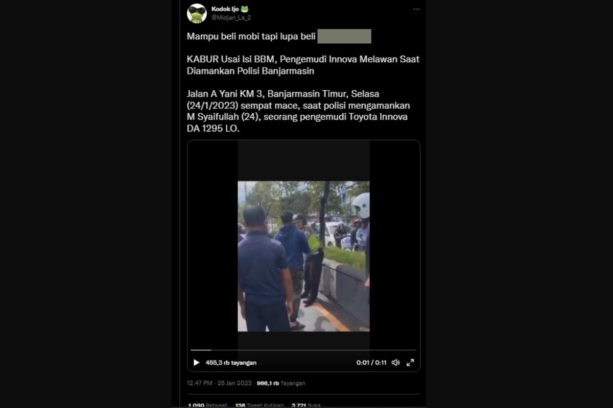 Viral, Video Pengemudi Innova Kabur Usai Isi BBM di Banjarmasin, Pertamina Beri Penjelasan