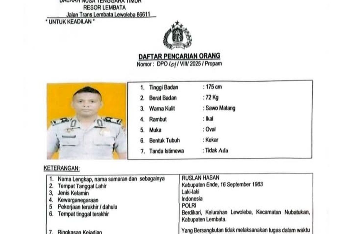 Tinggalkan Tugas Lebih dari Sebulan, Anggota Polres Lembata Jadi DPO