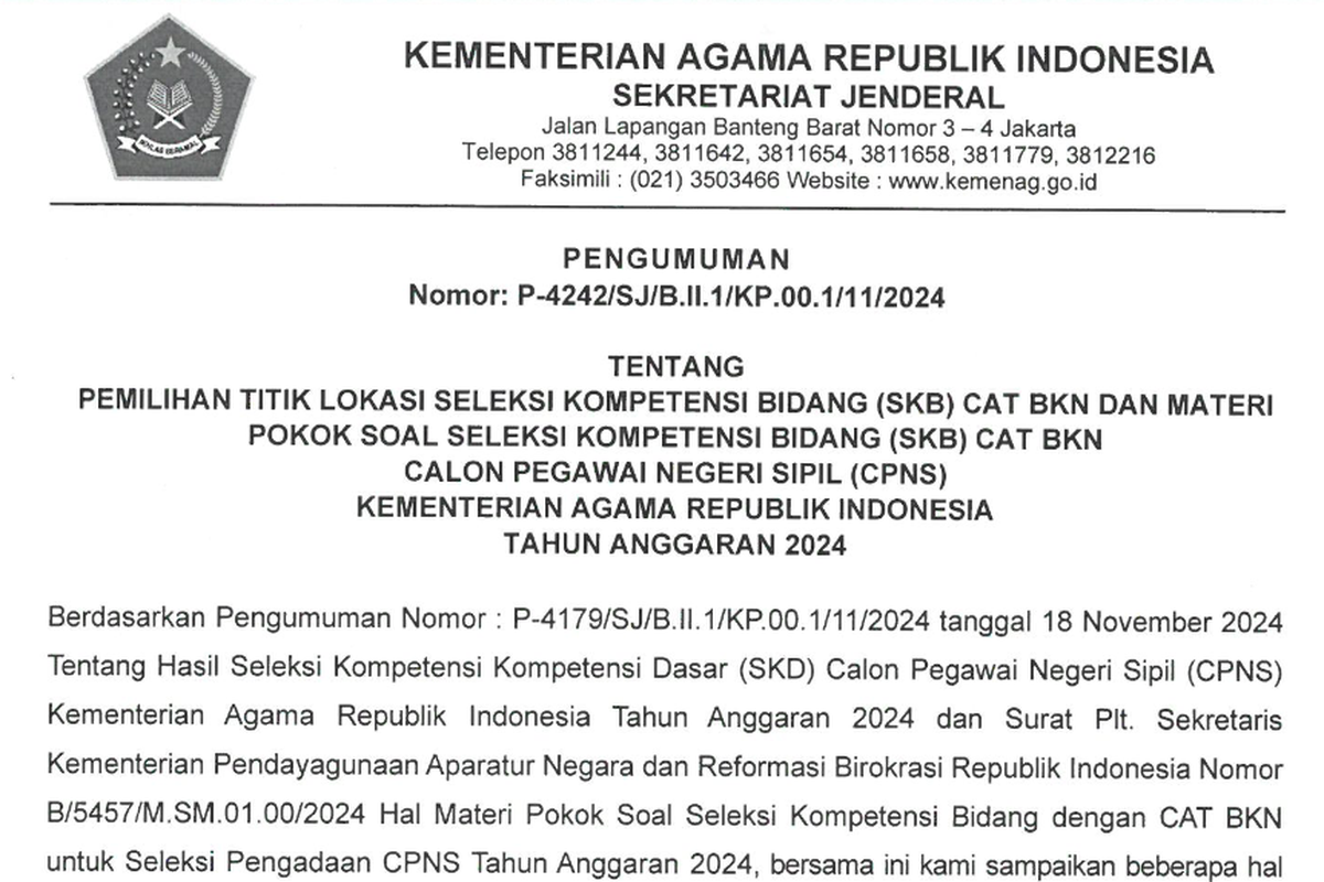 Catat, Ini Kisi-kisi SKB CPNS Kemenag 2024