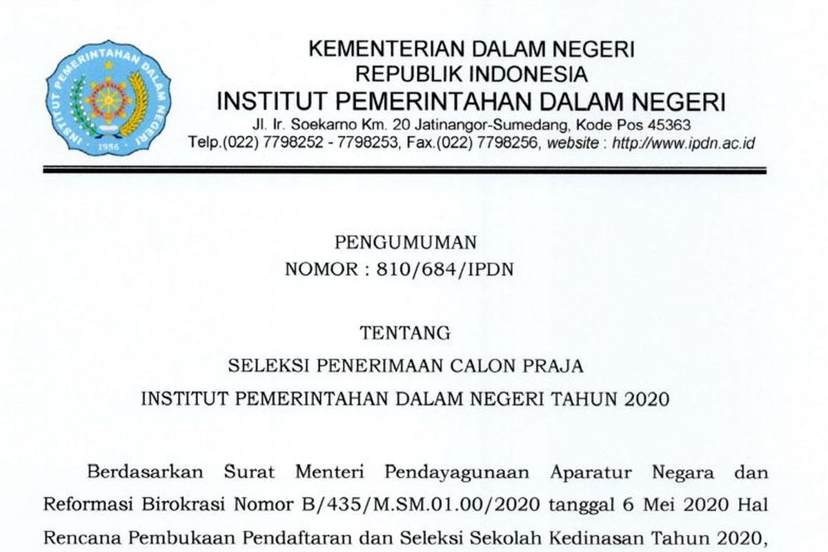 Seleksi Praja IPDN 2020, Ini Alur Pendaftaran, Jadwal Seleksi hingga ...
