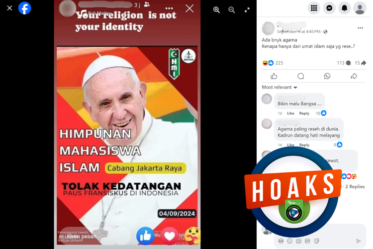 [HOAKS] PB HMI Menolak Kedatangan Paus Fransiskus