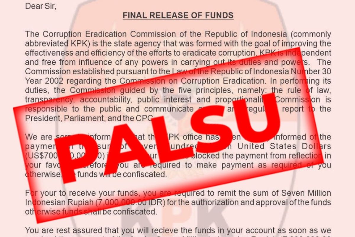 Beredar Surat Palsu Berlogo KPK yang Minta Uang untuk Cabut Blokir Rekening
