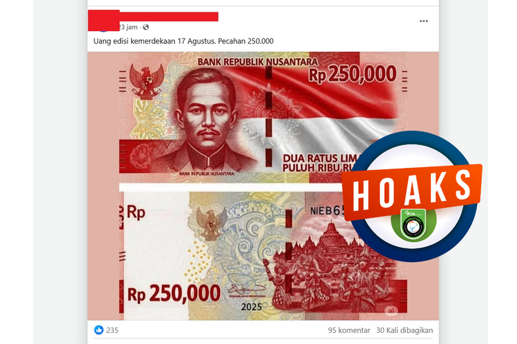 [HOAKS] Pemerintah Keluarkan Uang Pecahan Rp 250.000 Edisi HUT ke-80 RI