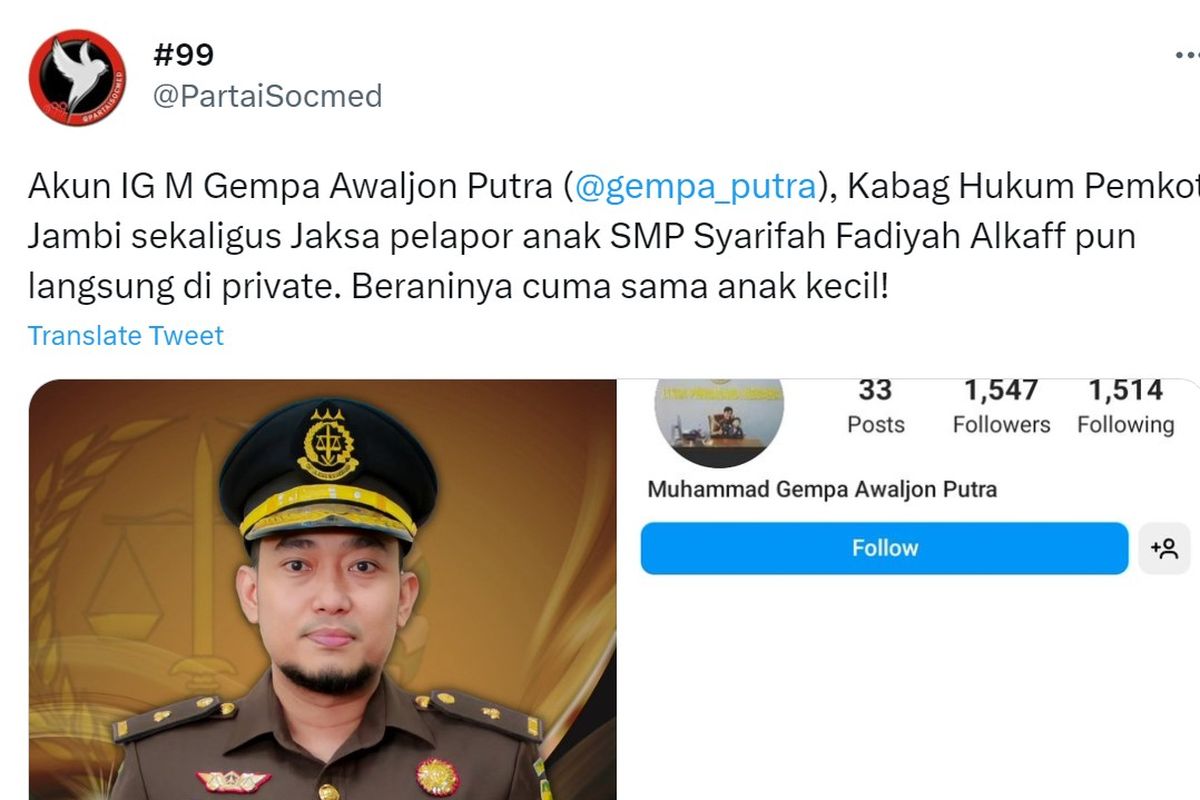 Laporkan Siswi SMP, Kabag Hukum Pemkot Jambi Gempa Alwajon Berstatus Jaksa