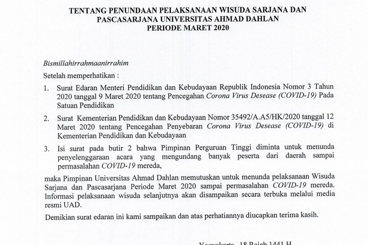 Antisipasi Corona, Rektor UAD Keluarkan Surat Tunda Wisuda Maret 2020
