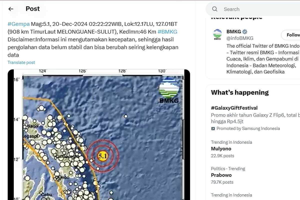 Gempa Magnitudo 5,1 Guncang Melonguane Sulawesi Utara