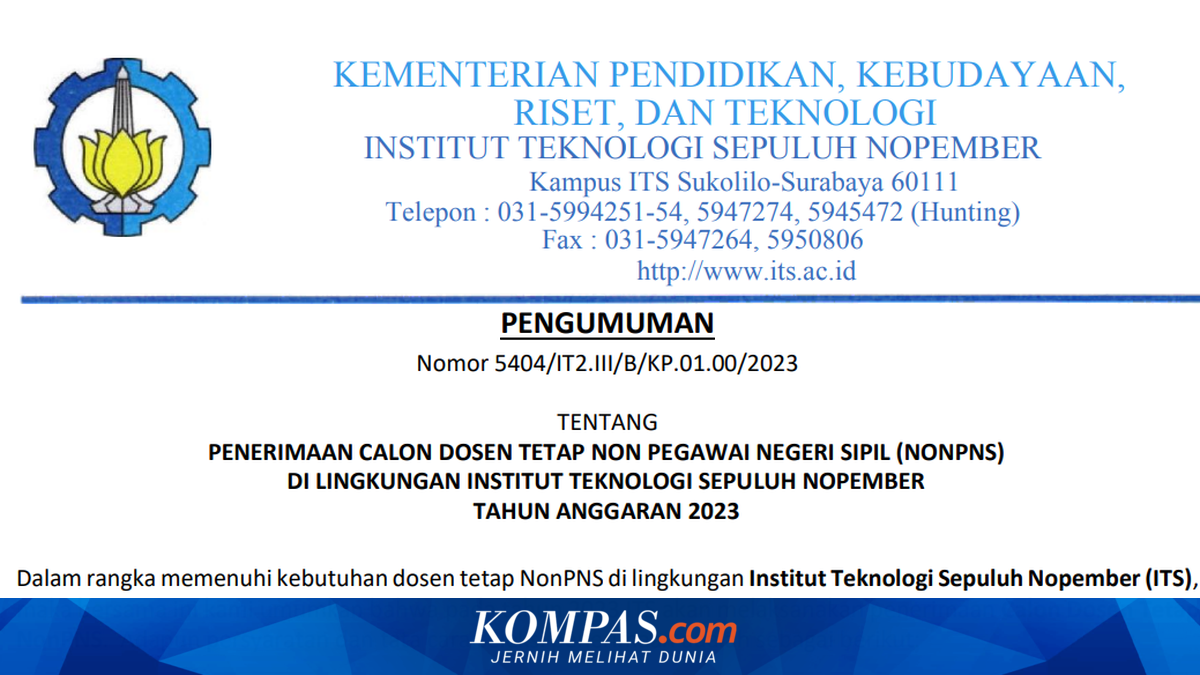 Lowongan Kerja Dosen Tetap Non-PNS ITS 2023, Simak Persyaratannya