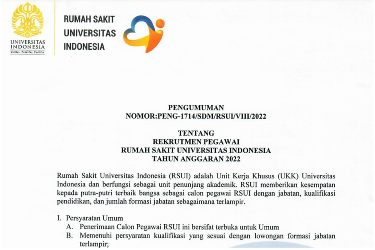 Lowongan Kerja Rumah Sakit Universitas Indonesia (RSUI) untuk Lulusan ...