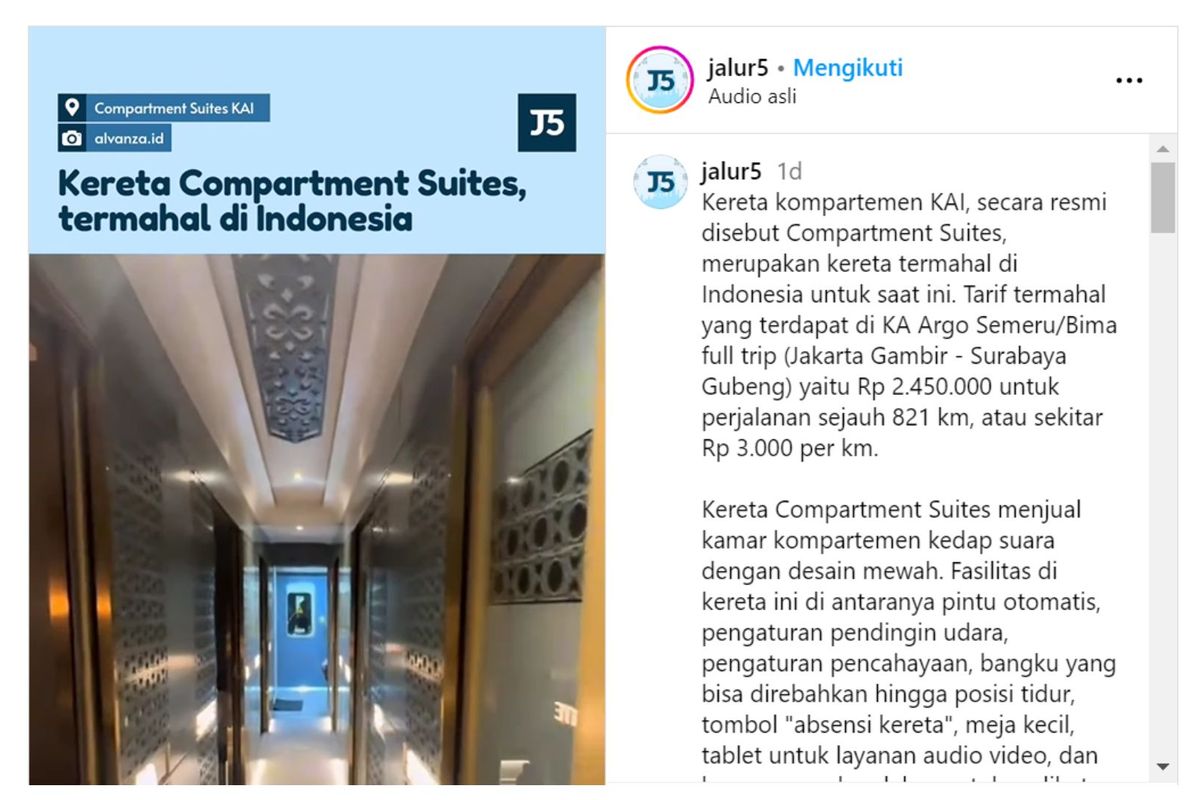 Tiket Kereta Compartment Suites Termahal Rp 2,45 Juta, Ini Kata KAI