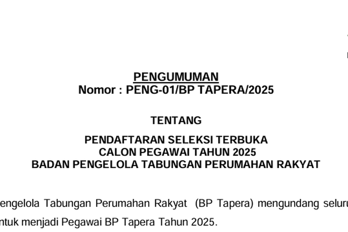 BP Tapera Buka Lowongan Kerja 2025, Cek Formasi dan Syaratnya