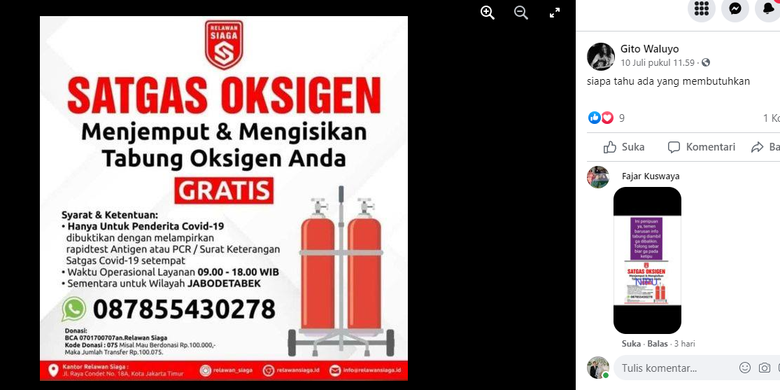 [HOAKS] Poster Satgas Oksigen Jemput dan Isi Tabung Oksigen Gratis