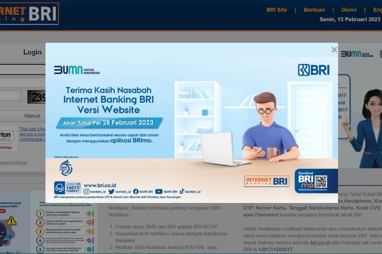 BRI Setop Layanan Internet Banking Versi Website pada 28 Februari 2023