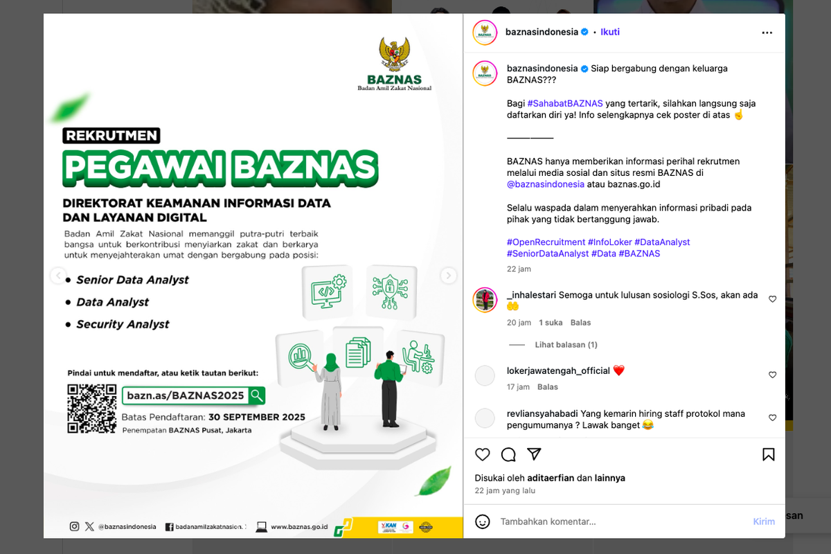 Lowongan Kerja Baznas 2025, Cari Data Analyst hingga Security Analyst ...