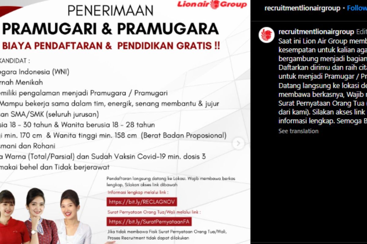 Lion Group Buka Lowongan Pramugara dan Pramugari, Lulusan SMA dan SMK Bisa Daftar