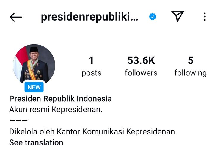 Foto : Prabowo Punya Akun IG Baru @presidenrepublikindonesia, Jadi Akun Resmi Lembaga Kepresidenan