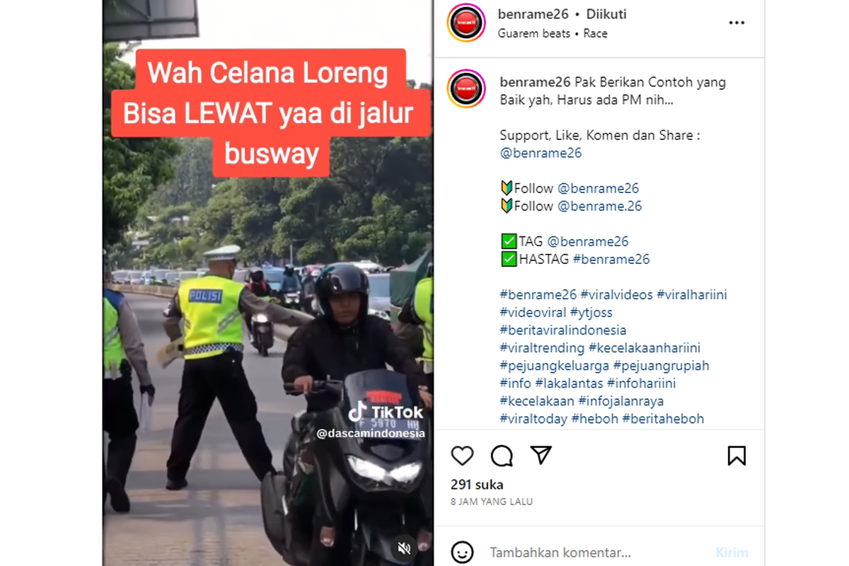Viral, Video Polantas "Loloskan" Pengendara Motor Bercelana Loreng yang Lewati Jalur Busway