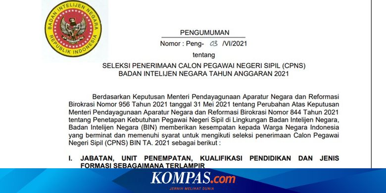 Seleksi CPNS Badan Intelijen Negara 2021, Ini Link dan Informasinya