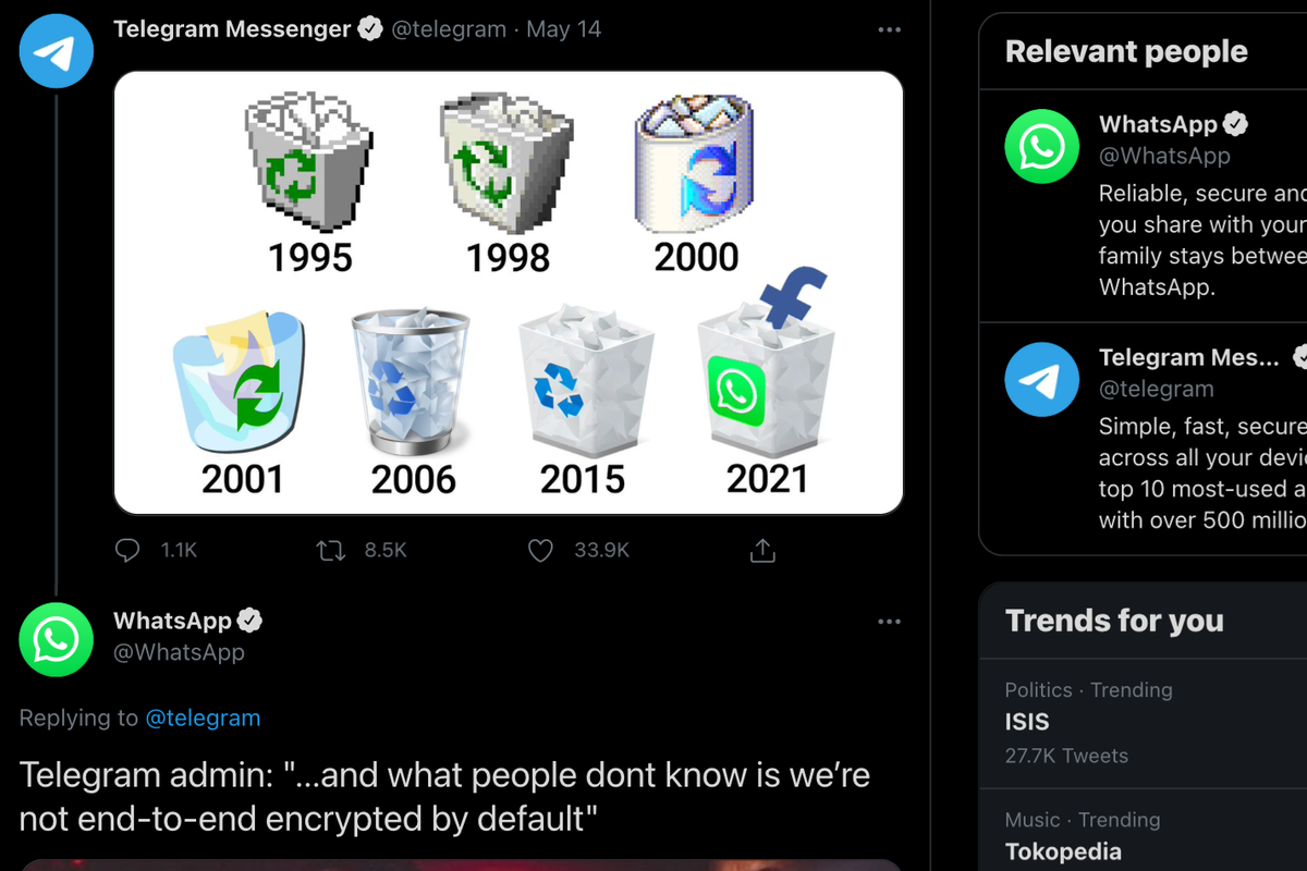 Ajak Pengguna Hapus WA, Telegram dan Whatsapp Saling Sindir di Twitter