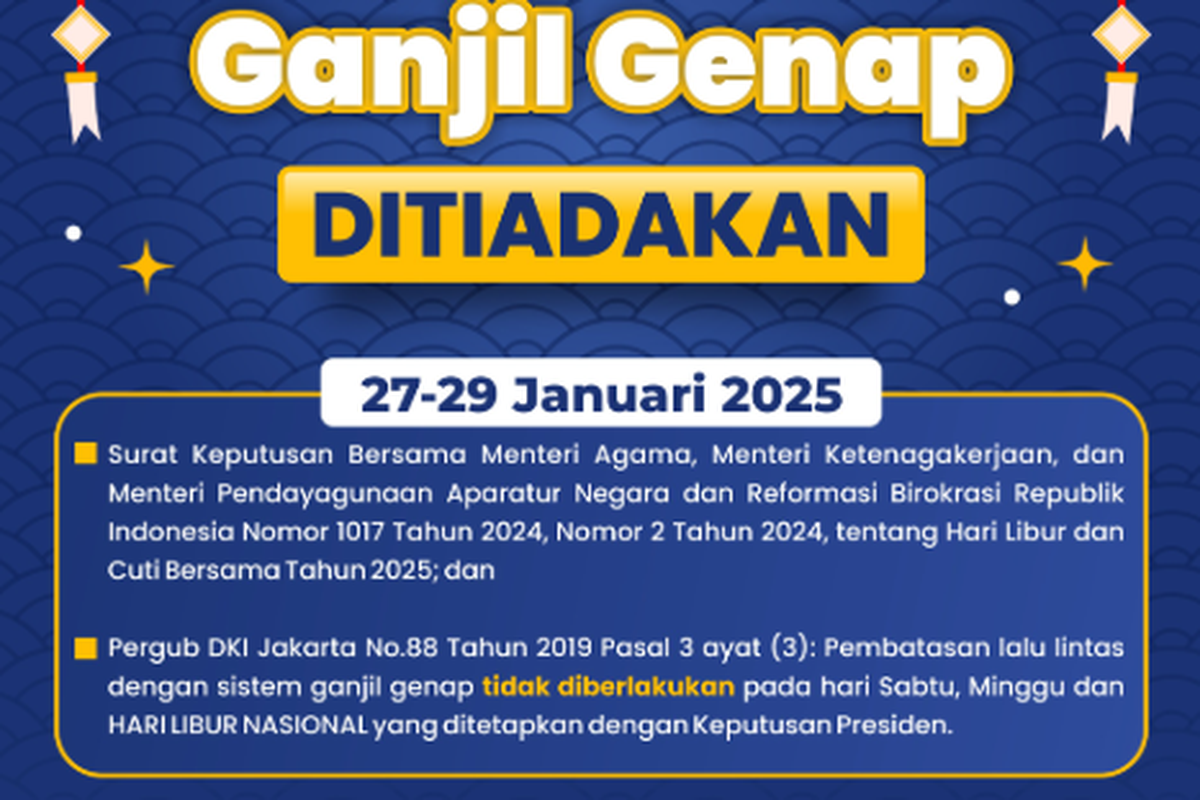 Ganjil Genap Jakarta Ditiadakan Selama Libur Panjang Isra Miraj dan Imlek