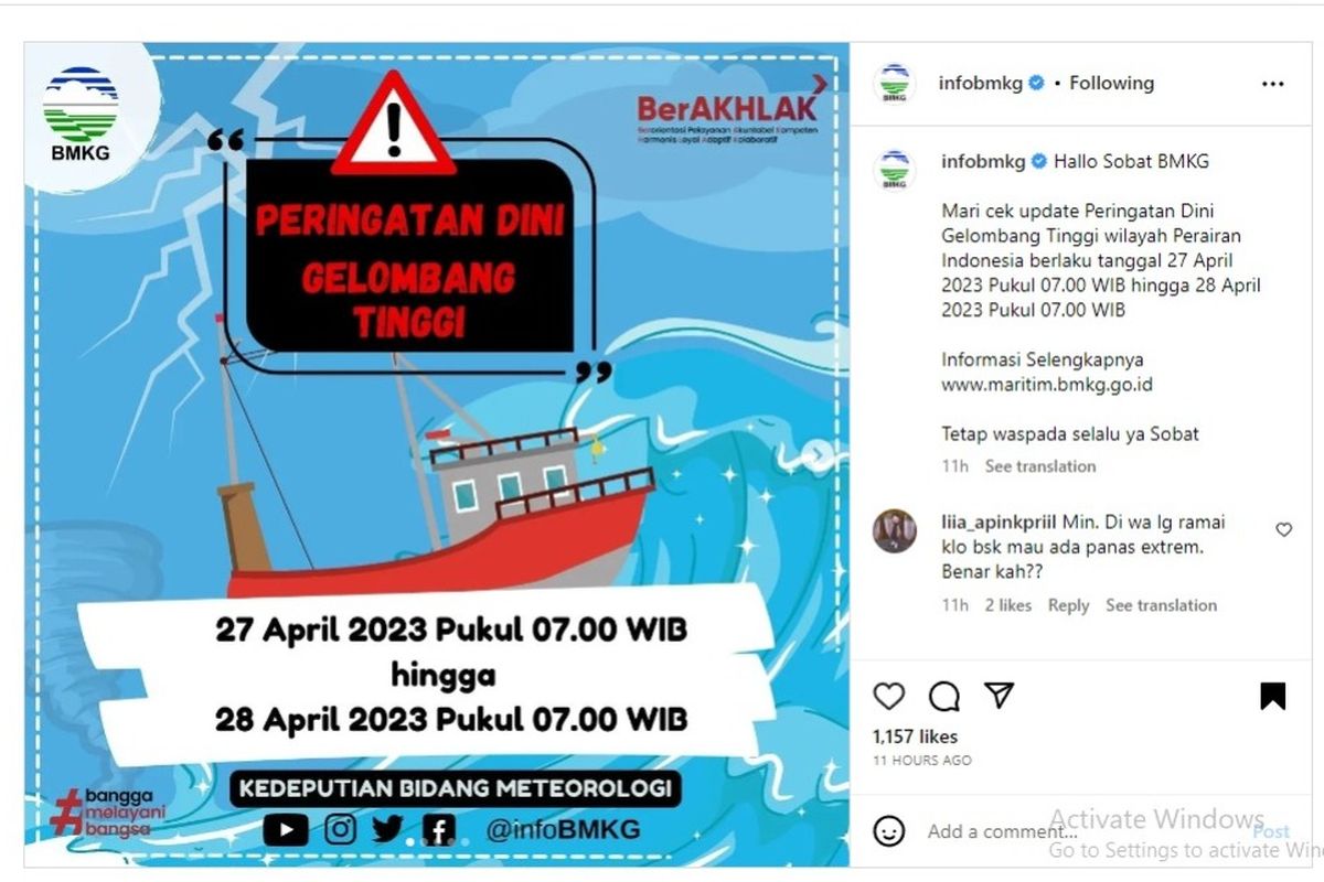 Warning Gelombang Tinggi 27 dan 28 April 2023, Wilayah Mana yang Terdampak?