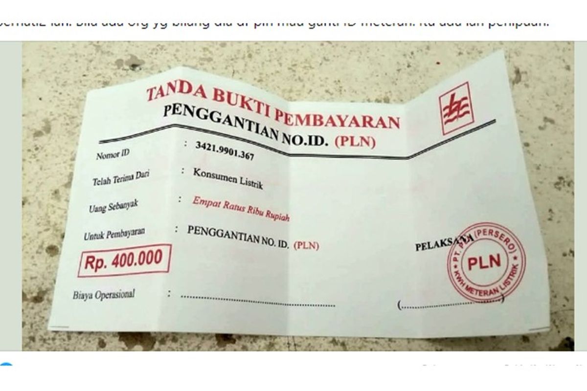 Beredar Foto Tanda Bukti Pembayaran Penggantian Nomor ID Meteran, PLN Tegaskan Itu Penipuan
