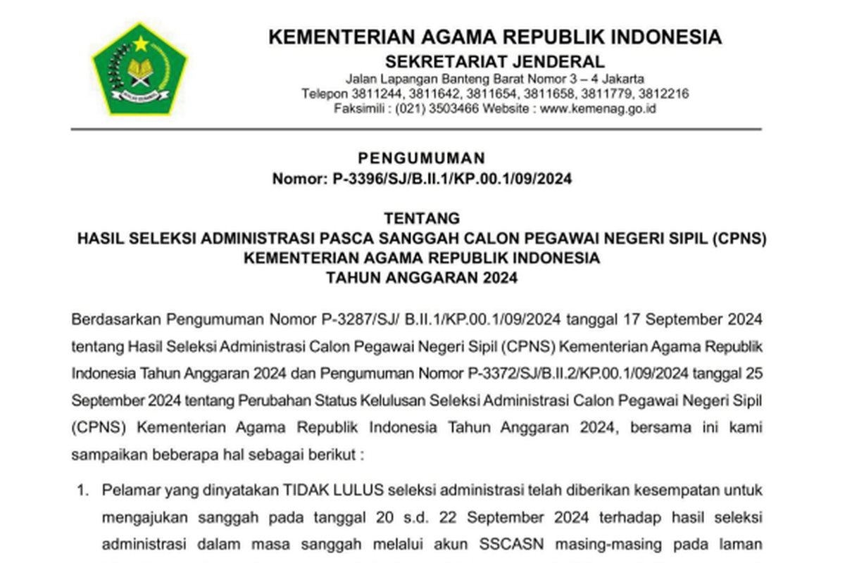 Link Pengumuman Hasil Seleksi Administrasi Pasca-Sanggah CPNS Kemenag 2024