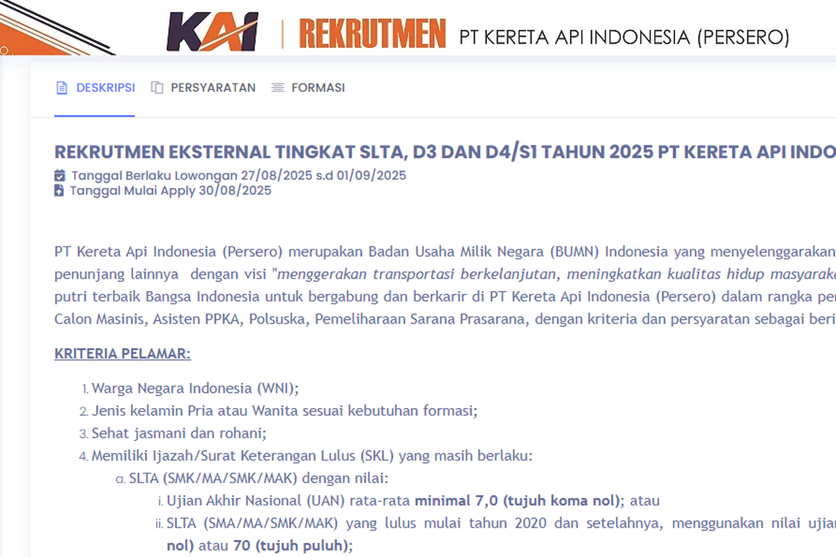 KAI Buka Rekrutmen 2025 untuk Lulusan SMA hingga S1, Simak Syaratnya