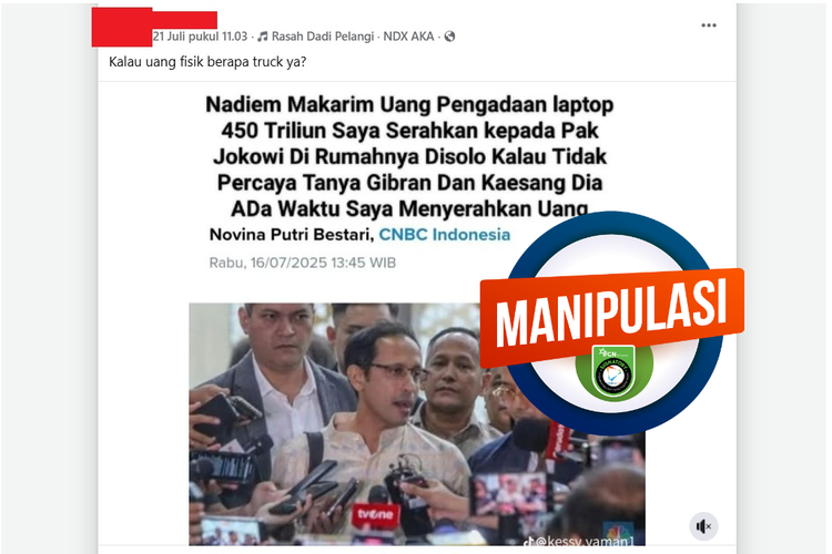 [HOAKS] Nadiem Makarim Mengaku Serahkan Uang Pengadaan Laptop Rp 450 Triliun ke Jokowi