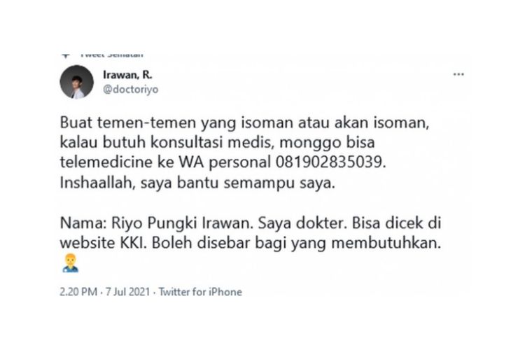 Dokter Alumnus UGM Tawarkan Konsultasi Gratis bagi Pasien Isoman