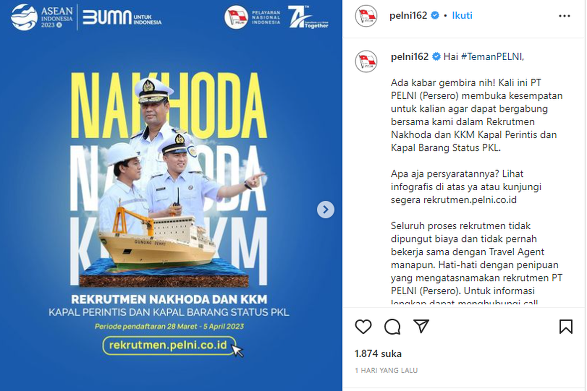 BUMN Pelni Buka Rekrutmen Nakhoda dan Kepala Kamar Mesin, Ini Syaratnya