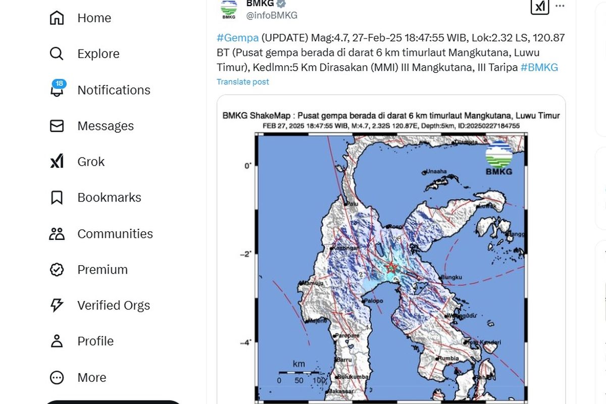 Gempa Magnitudo 4,7 Guncang Luwu Timur Sulawesi Selatan