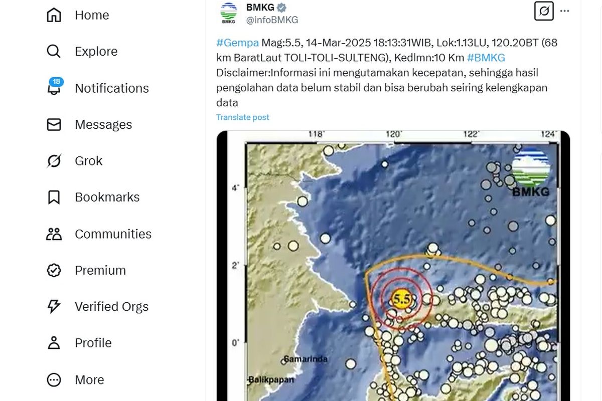 Gempa Magnitudo 5,5 Guncang Toli-toli Sulteng, Tak Berpotensi Tsunami