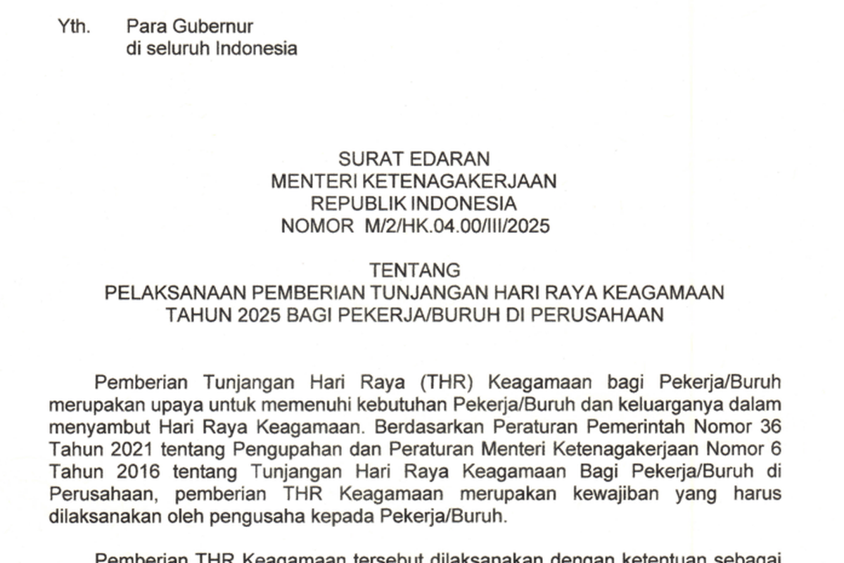 Resmi, Ini Aturan Pemberian THR untuk Pekerja Swasta atau Buruh