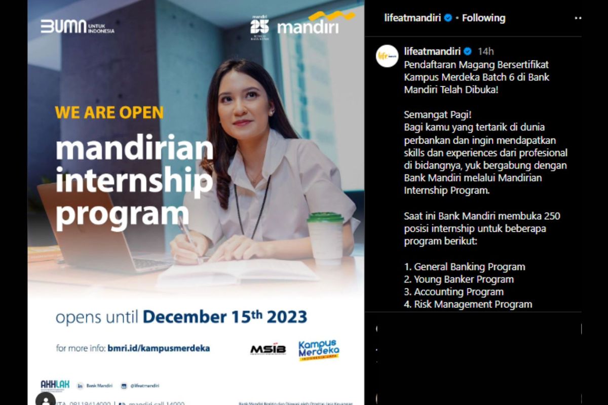 Bank Mandiri Buka Pendaftaran Magang Kampus Merdeka hingga 15 Desember ...