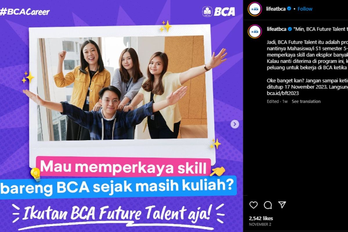 BCA Future Talent Buka Pendaftaran hingga 17 November 2023, Dapat Uang ...