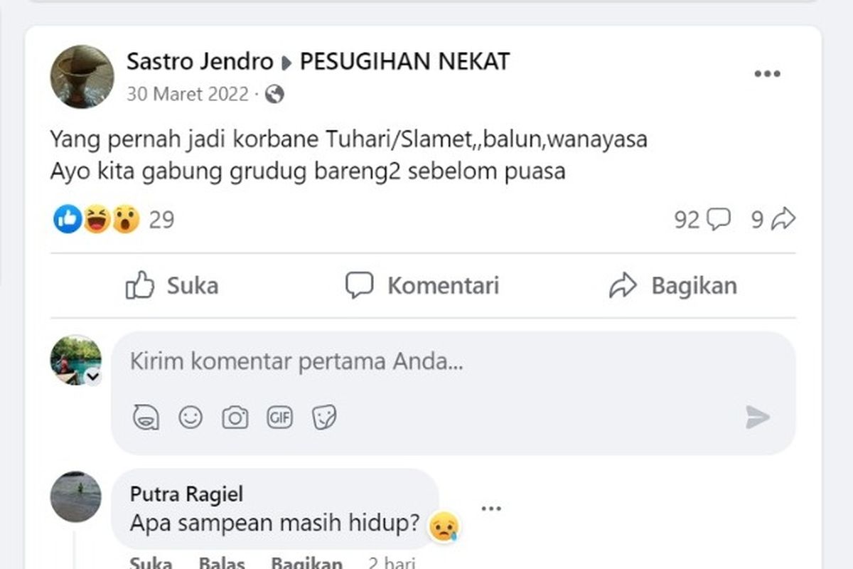 Viral Unggahan Akun Facebook Sastro Jendo yang Diduga Korban Dukun Mbah Slamet Banjarnegara