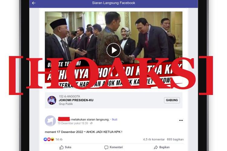 [HOAKS] Ahok Jadi Ketua KPK pada 17 Desember 2022