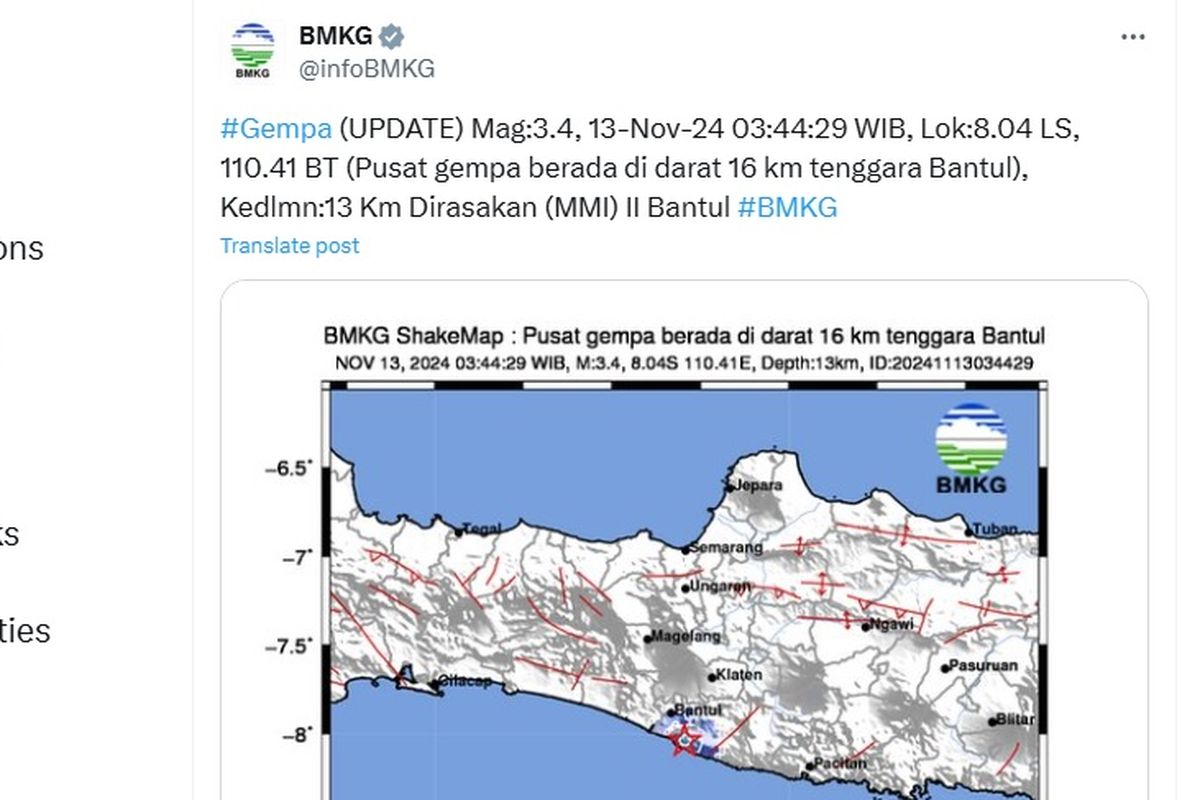 Gempa Magnitudo 3,4 Guncang Bantul Yogyakarta, Kedalaman 12 Km