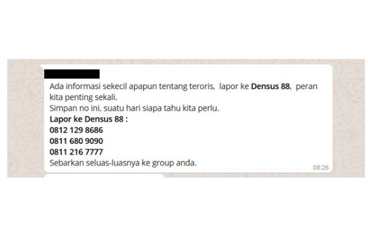 Pesan Berantai Nomor Telepon Densus 88 Hoaks