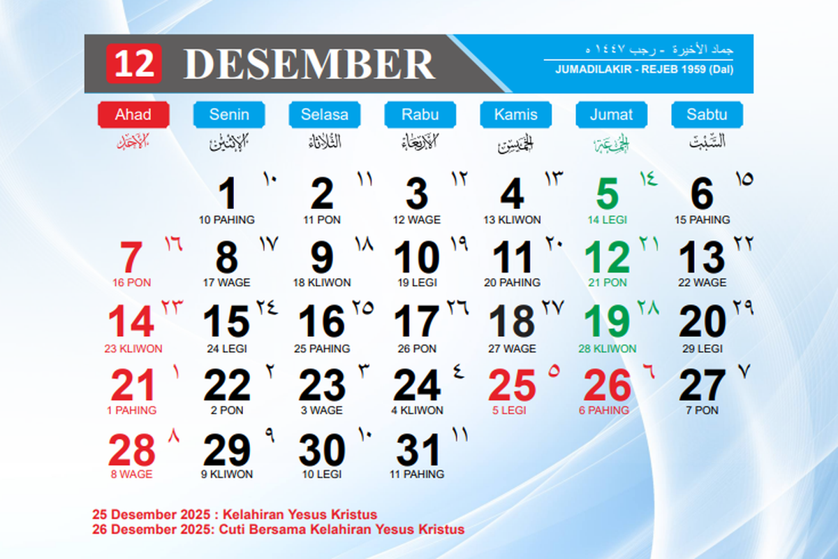 Kalender Desember 2025 Lengkap: Daftar Tanggal Merah, Cuti Bersama, dan ...