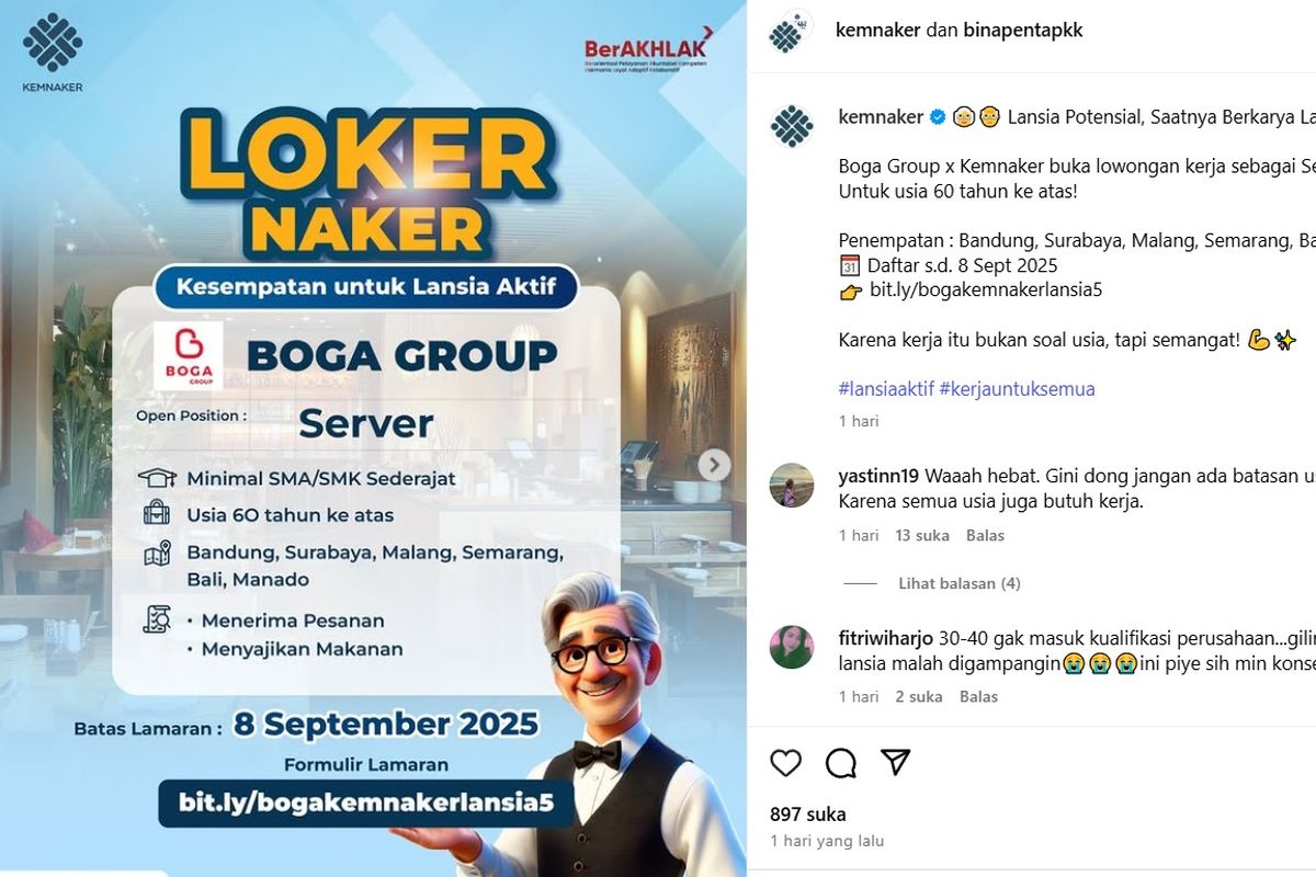 Lowongan Kerja Boga Group Khusus Lansia, Cek Syarat dan Penempatannya