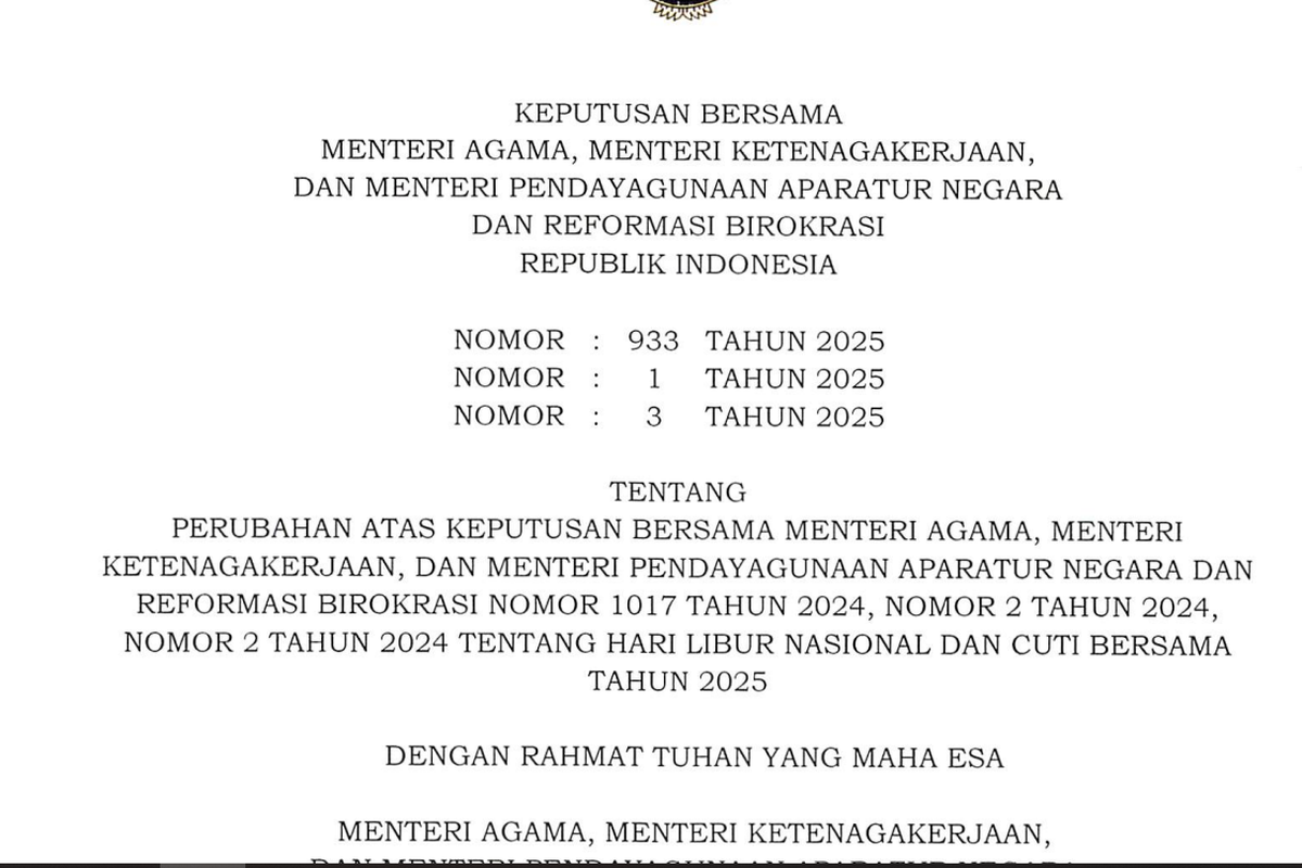 SKB 3 Menteri Resmi Terbit, 18 Agustus Cuti Bersama, Bukan Tanggal Merah